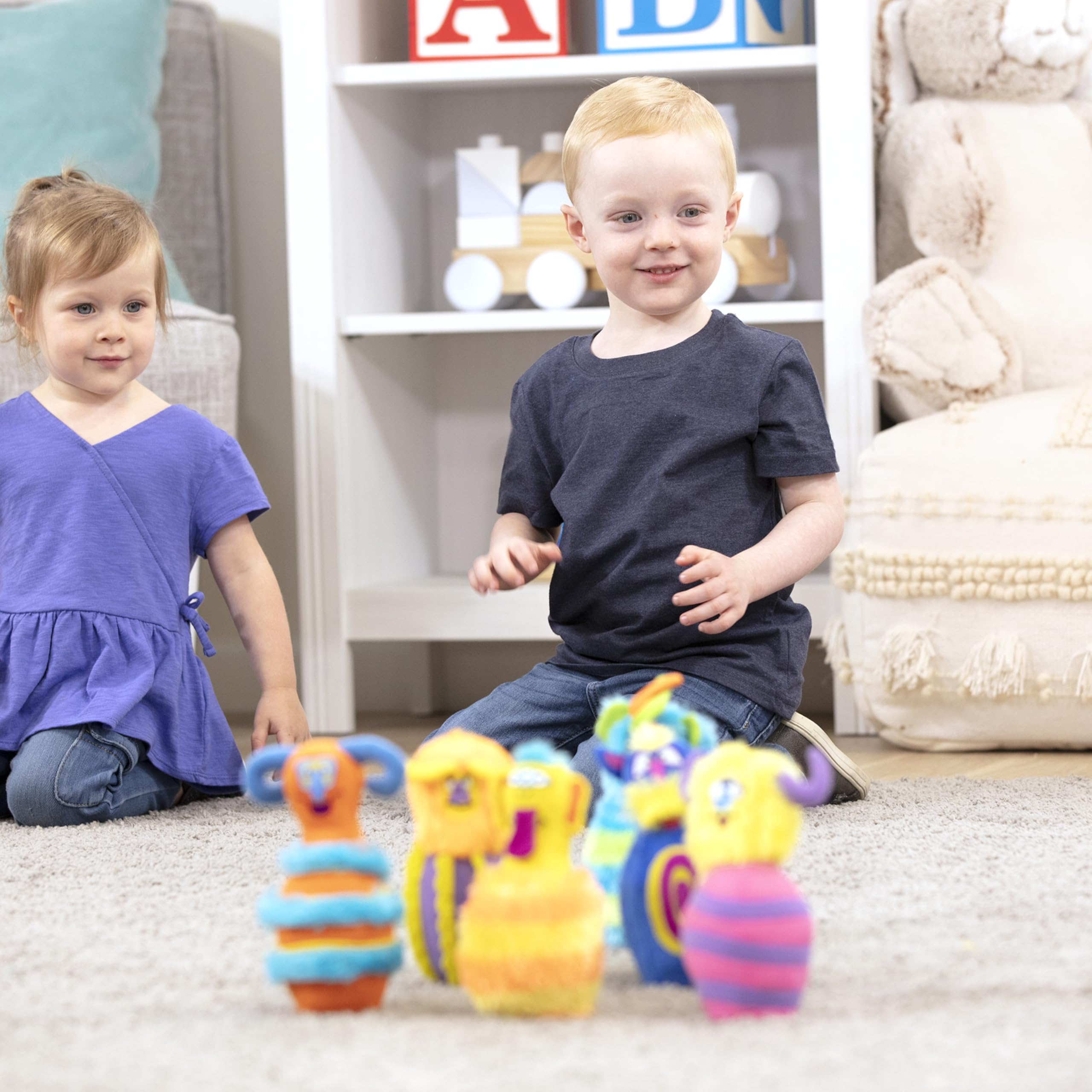 Melissa & Doug Fuzzy Monster Bowling Pins & Ball With Mesh Storage Bag (8-Piece Set) - Toddler Plush Indoor Bowling Set, Monster Bowling Set For Toddlers And Kids Ages 2+