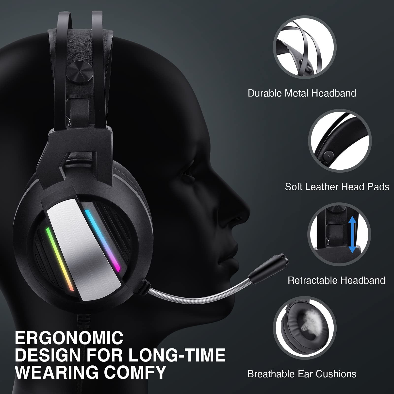 BraveKoi Stereo Gaming Headset, Noise Canceling Gaming Headphones with Microphone and RGB Lights, 3.5mm Wired Gaming Headset for PS5, PS4, Xbox One, PC, Laptop, Nintendo Switch, Tablet