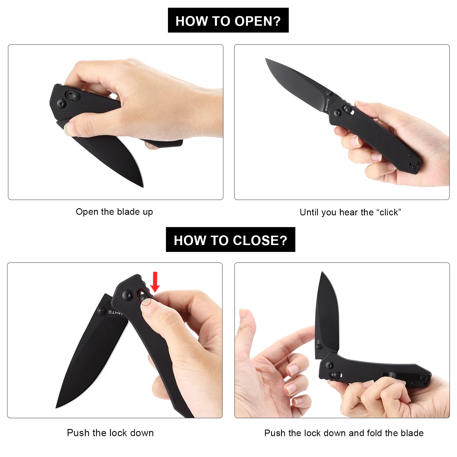 EMHTiii Pocket Knife Folding Knives: 3.14" Stainless Steel Black Blade, G10 Scales