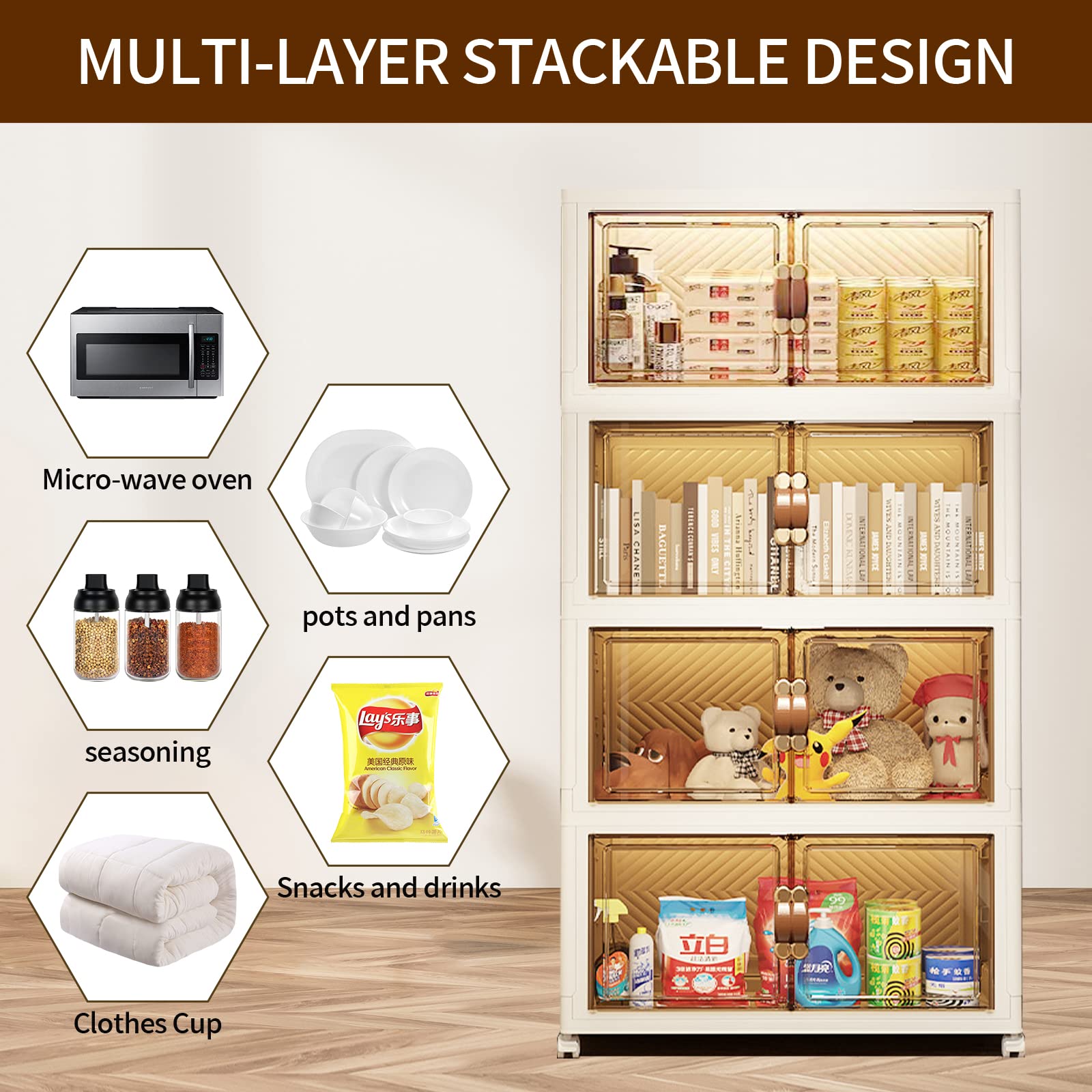 HPONQIONE Foldable Plastic Storage Box With Wheels and Doors XLLarge Storage Bin with Lid Organizers Stackable Storage Bins, Closet Organizers Double Door Magnetic with Universal Pulley(8.4Gal-4Pack)