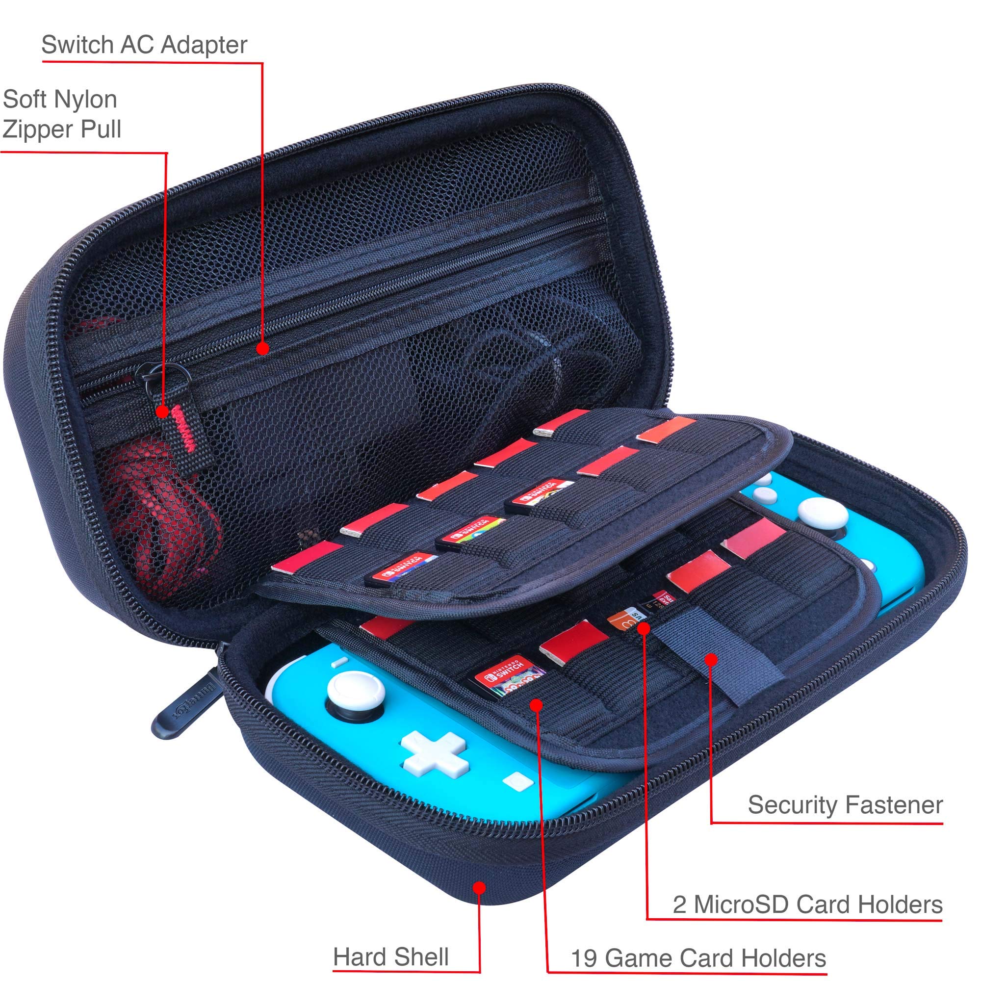 ButterFox Large Carrying Case for Nintendo Switch Lite, Fits Charger, Compatible with Hori Duraflexi Protector, Large Storage Pouch for Switch Lite Accessories (Black)
