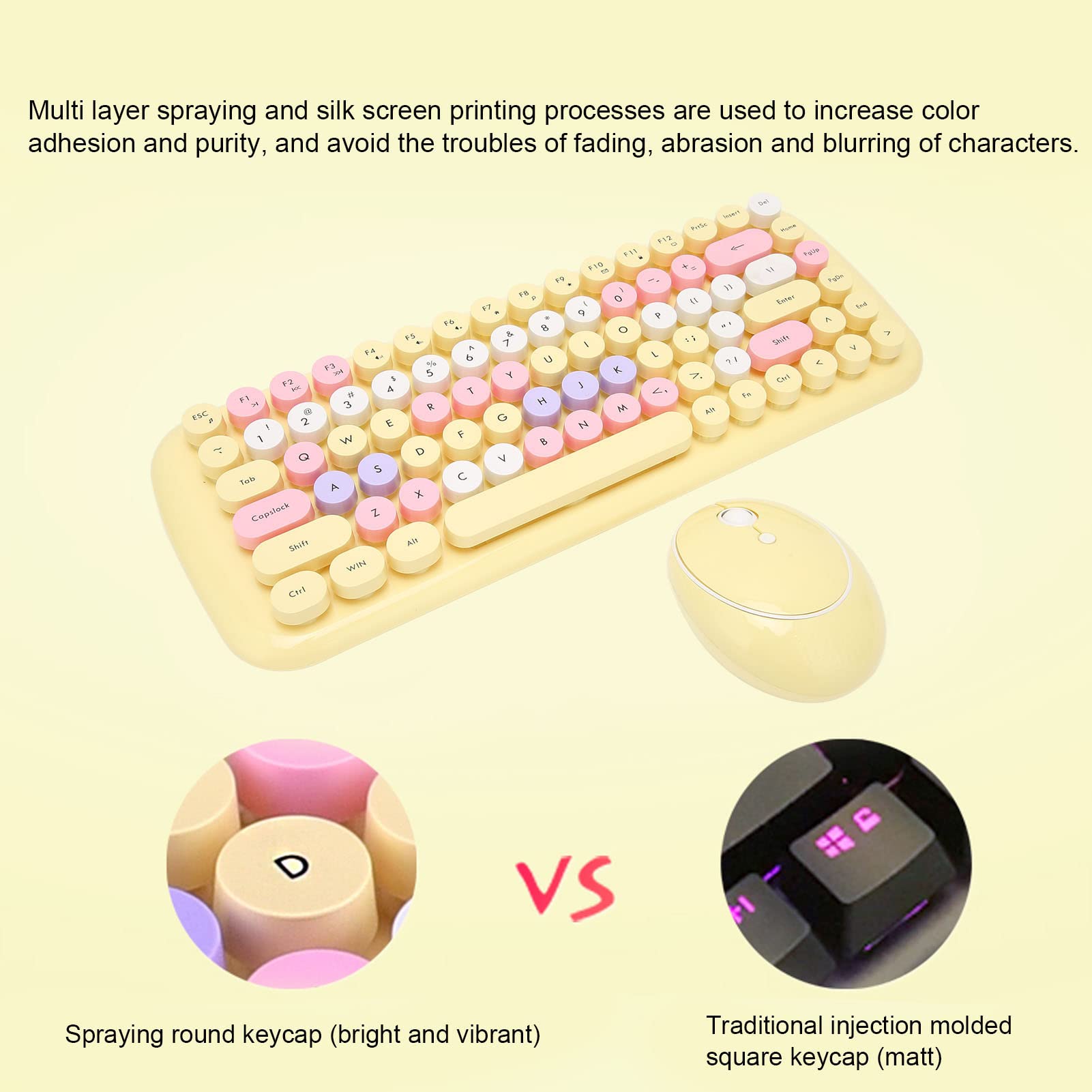 Cute Keyboard Mouse Combo, 84 Keys Mixed Color Keyboard with Round Keycap, 1600DPI Gaming Mouse, Mini Keyboard Mouse Combo for Girls (Candy-Lemon Yellow Mixed Color)