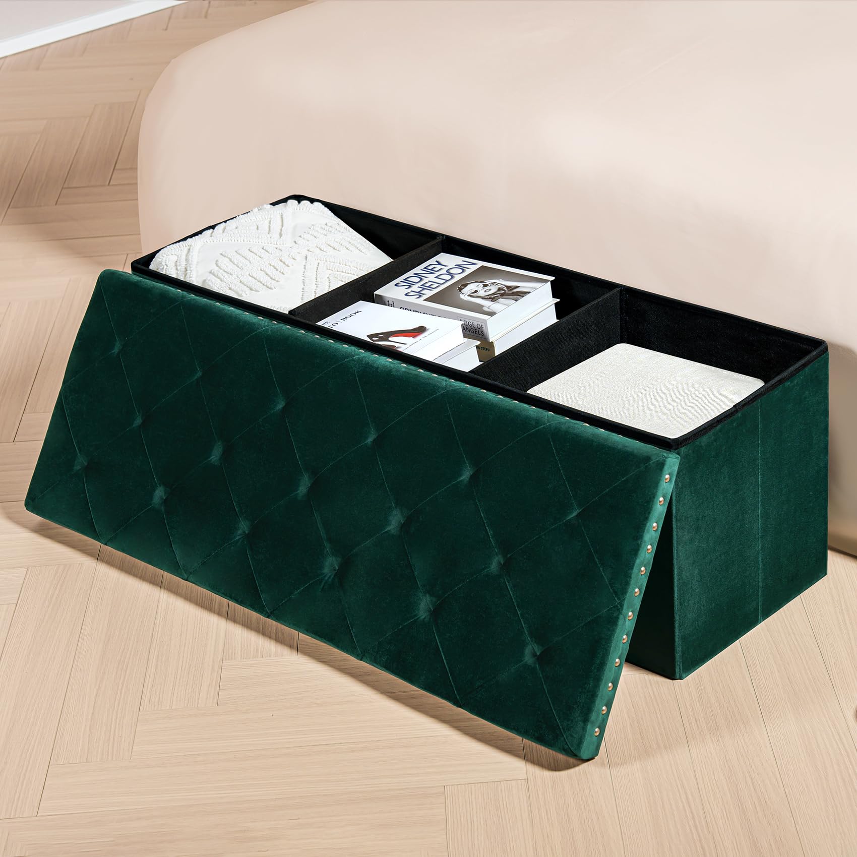 PINPLUS Storage Ottoman Bench for Bedroom, Green Ottoman Folding Velvet Toy Chest with Benches Foot Rest Stool, Large Long Foldable Chest for Entryway Living Room, 41.3"x15.7"x15.7"