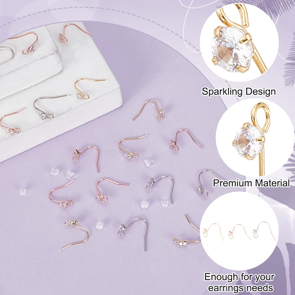 BENECREAT 24Pcs 3 Colors Cubic Zirconia Earring Hooks Rhinestone Earring Hooks, Brass Ear Wire Fish Hooks with Loop for DIY Jewelry Making Findings, Hole: 2mm