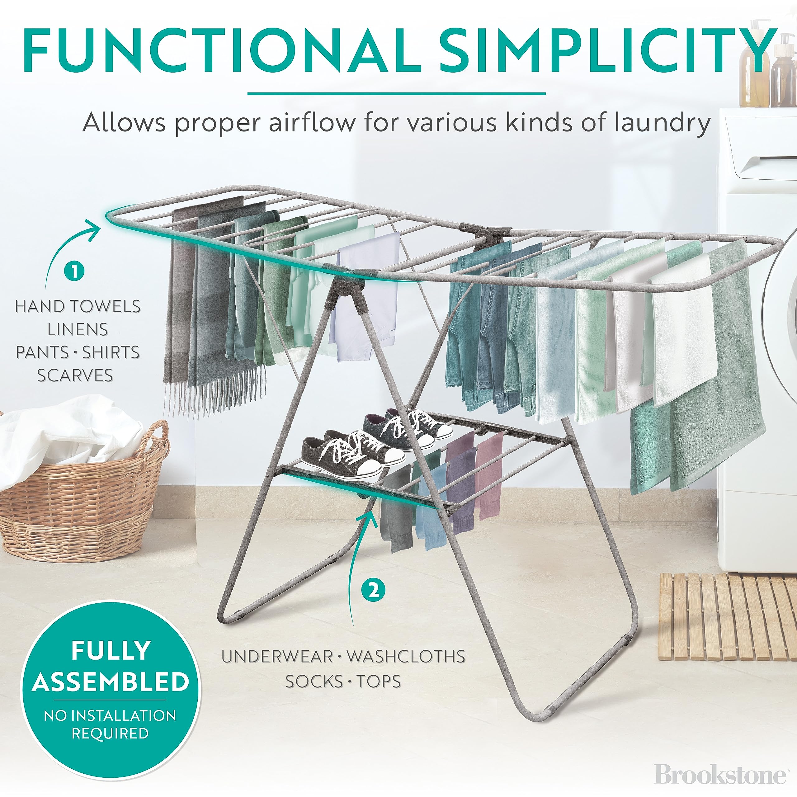Brookstone – Foldable Clothing Drying Rack, Collapsible Laundry Hanger for Clothes [Ready Out of The Box], Silver Color