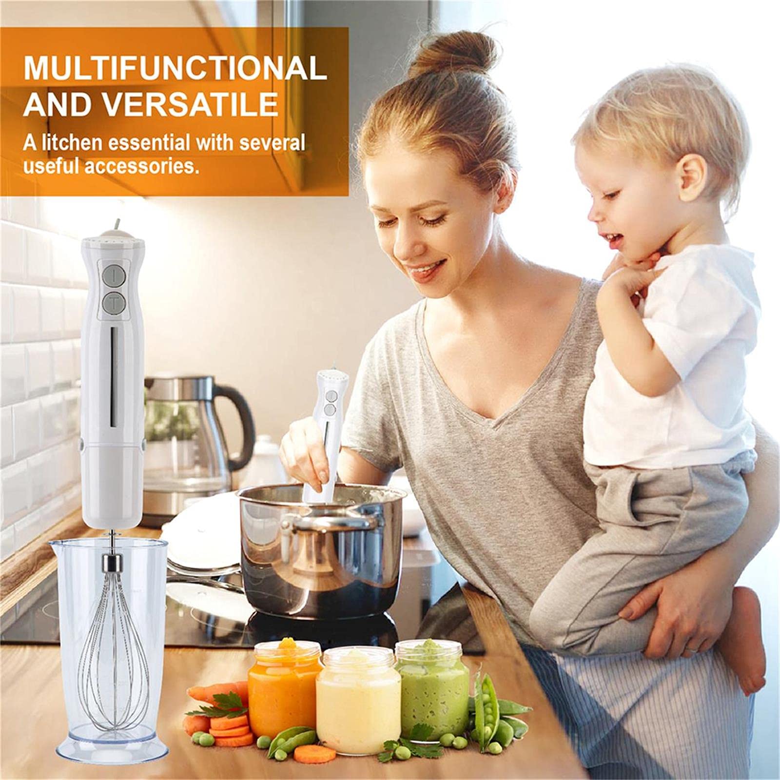 Immersion Hand Blender, Handheld Blender, 5-in-1 Multi-Function Stick Mixer, 600w 10 Speed Manual Mixer With Turbine, Mixer For Food Whipping, Milk Mixer/Egg Mixer,/Mortar and Beaker/Measuring Cup