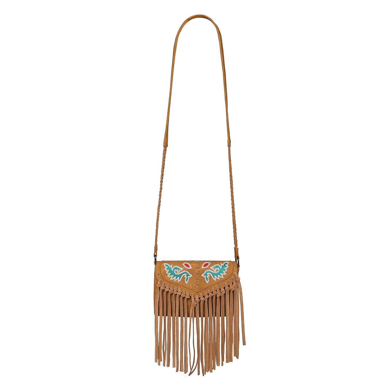 Montana West Handcrafted Leather 4 in 1 Bundle Clutch Crossbody Biker Bag w Fringe & Coin Key Fob (Tan with Antiqued Concho)
