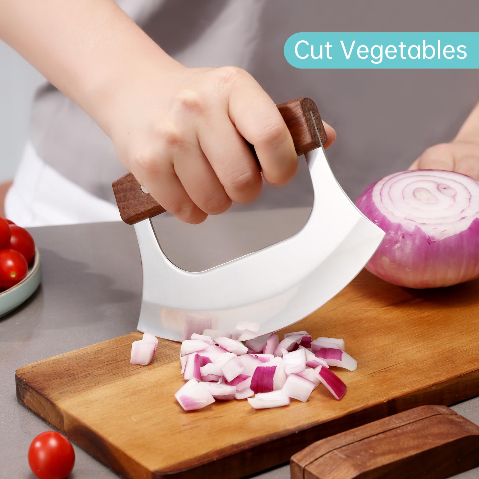 Coowolf Ulu Knife Alaska Pizza Cutter Rocker Knife Mezzaluna Knife with Base, Classic Walnutwood and Sharp Stainless Steel Blades, Ideal for Chopping Herbs or Salads- Essential Kitchen Knives