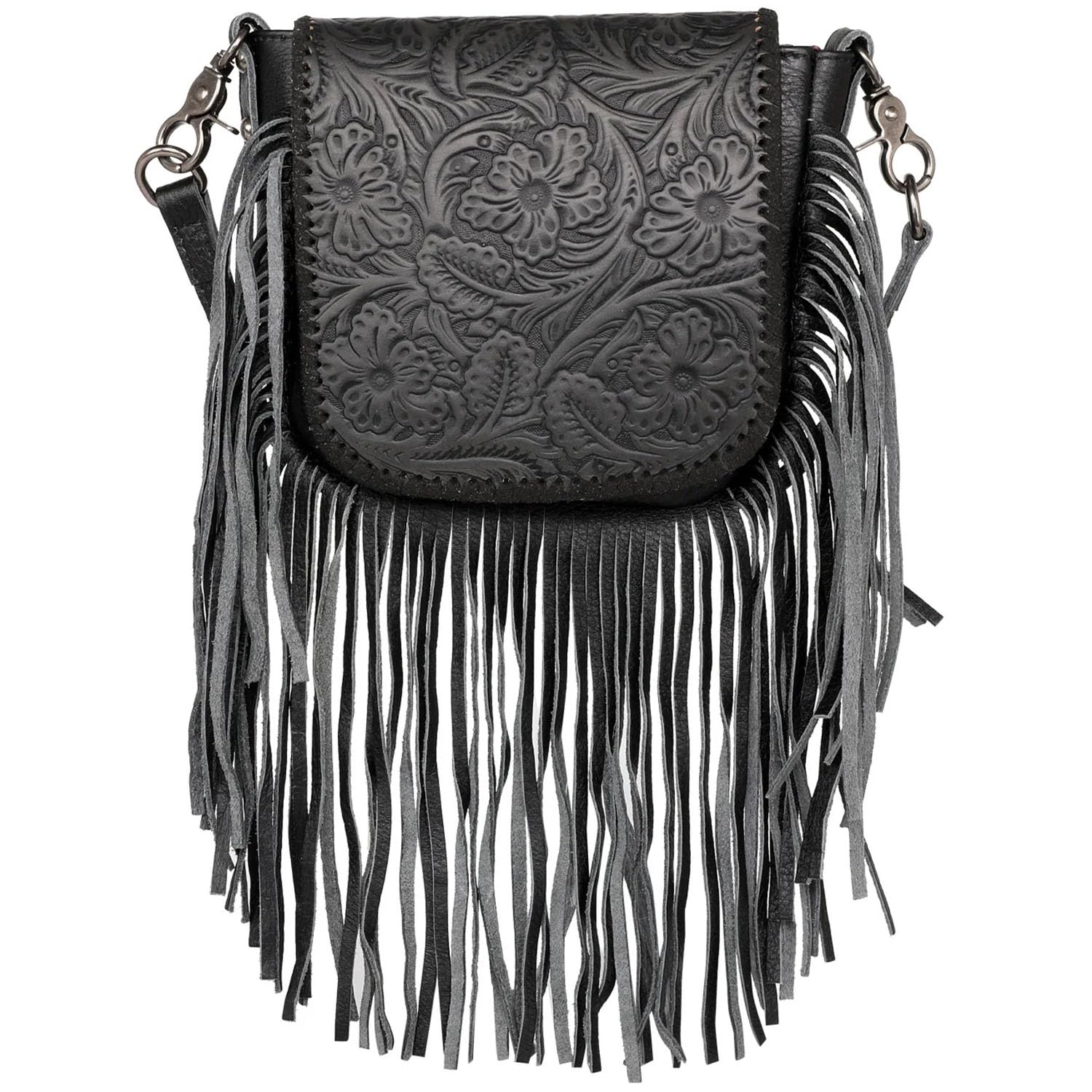 Montana West Handcrafted Leather Convertible Clutch Crossbody Handbag Biker Bag w Fringe (Black Studded w Buckle)