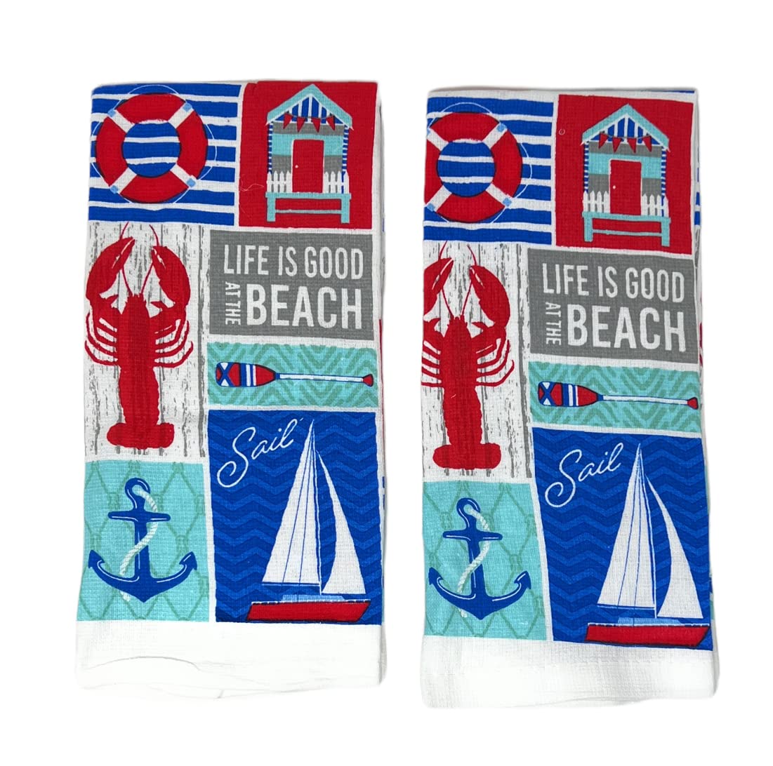 Coastal Living Seascapes Cotton Printed Summer Themed Kitchen Towels, 15-Inch x 25-Inch, Set of 2 (Multicolor, Life is Good at The Beach Lobster Sailboat)