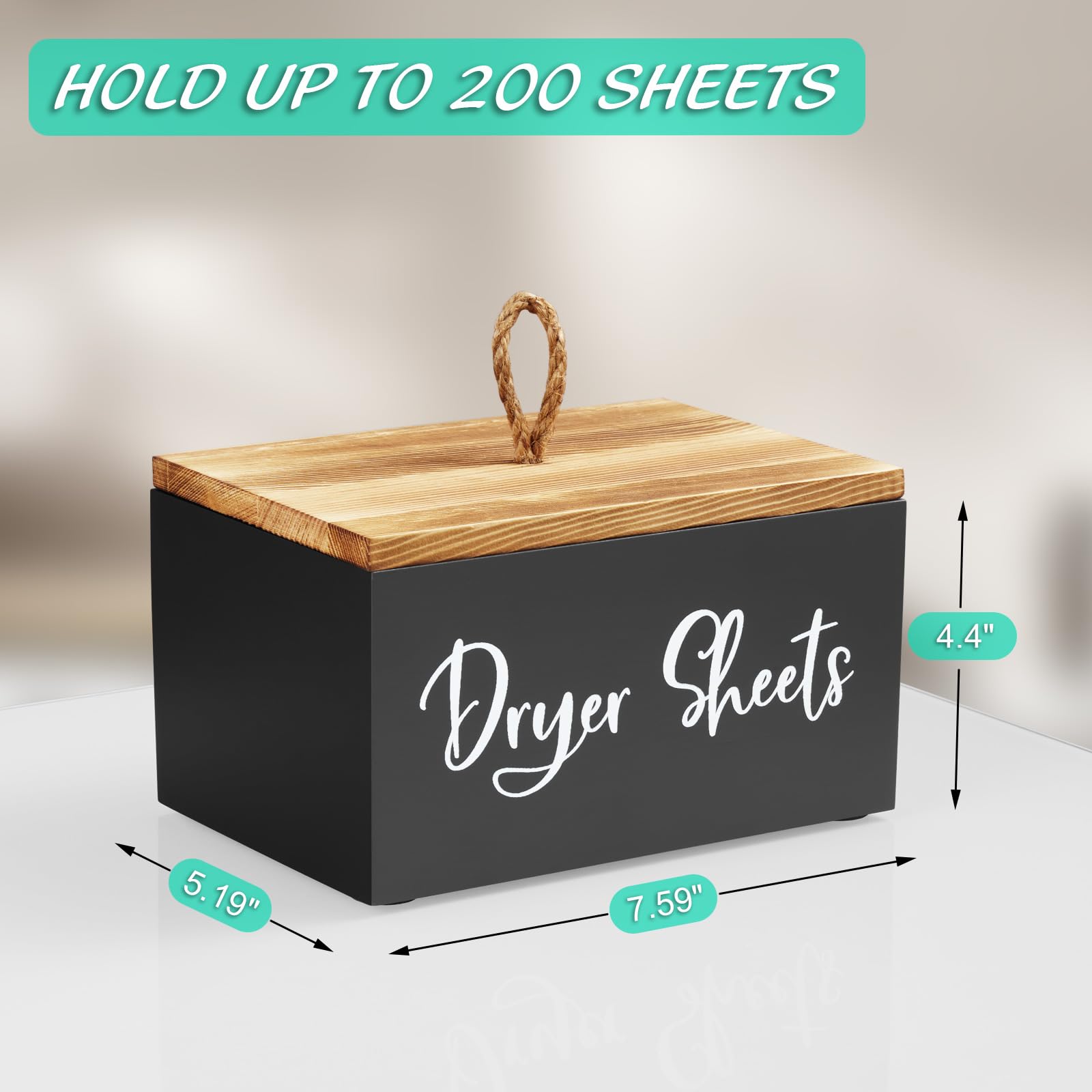 Dryer Sheet Holder, Wooden Laundry Sheets Container, Laundry Room Organization and Storage for Farmhouse Laundry Room Decor and Accessories, Fabric Softener Dispenser, Black