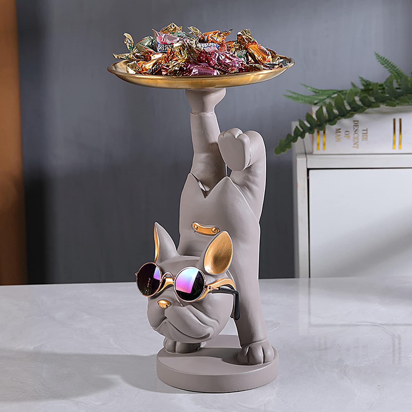 YAYONG French Bulldog Statue Home Decor Storage Tray Coin Bank Entrance Key Snack Holder Art Dog Statue, Home Garden Bar Decor Desktop Ornament, Length 17CM Width 8.5CM