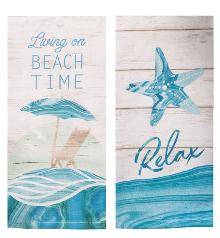 Coastal Tranquility Kitchen Tea Towel Bundle of 2, Beach Time and Relax