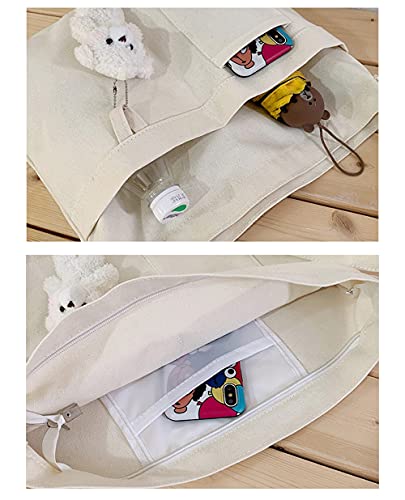 Kehpish Economical Cotton Tote Bag, Reusable Womens Canvas Tote Bag with 3 External Pocket, Top Zipper Closure White