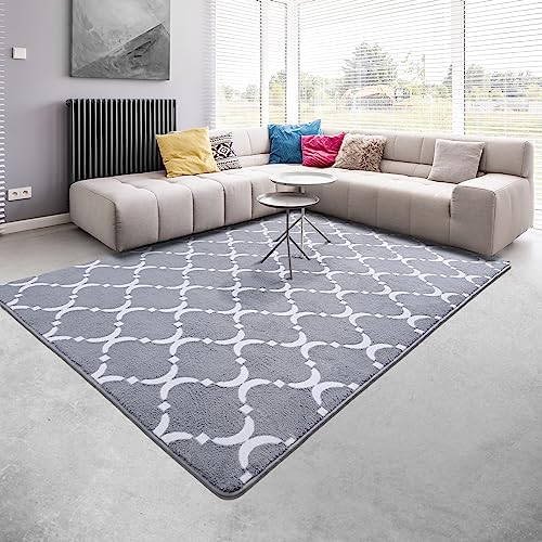 QXKAKA Soft Shag Geometric Area Rug, Modern Indoor Carpet for Bedroom Living Room, 4'x6' Memory Foam Kids Rug for Nursery Play Mat, Moroccan Trellis Fluffy Rug Accent Room Decor, Grey/White