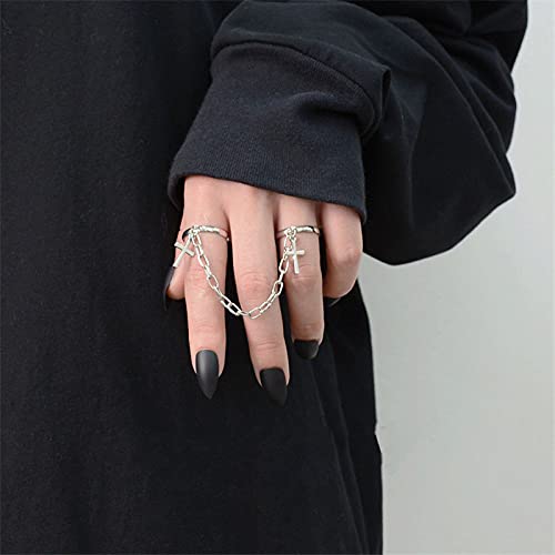 CJIAYUJEW 16PCS Chain Rings Gothic Punk Chain Finger Ring Set for Women Men,Vintage Silver Emo Rings Cross Butterfly Knuckle Ring