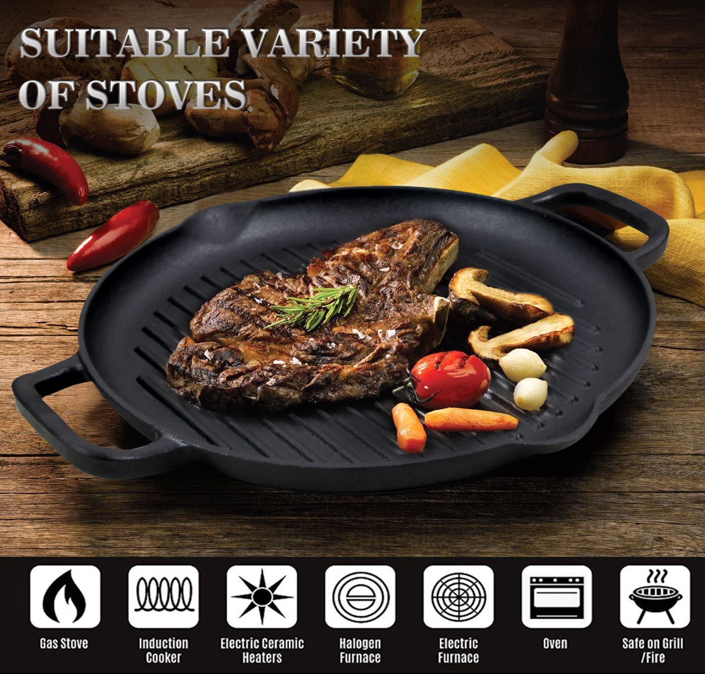 Cast Iron Grill Pan 12.6 inch Pre-Seasoned Cast Iron Griddle pan Dual Handles Cast Iron Skillets for BBQ Round Cast Iron Pan Griddle Pan for any Stove top and all Cooking tops