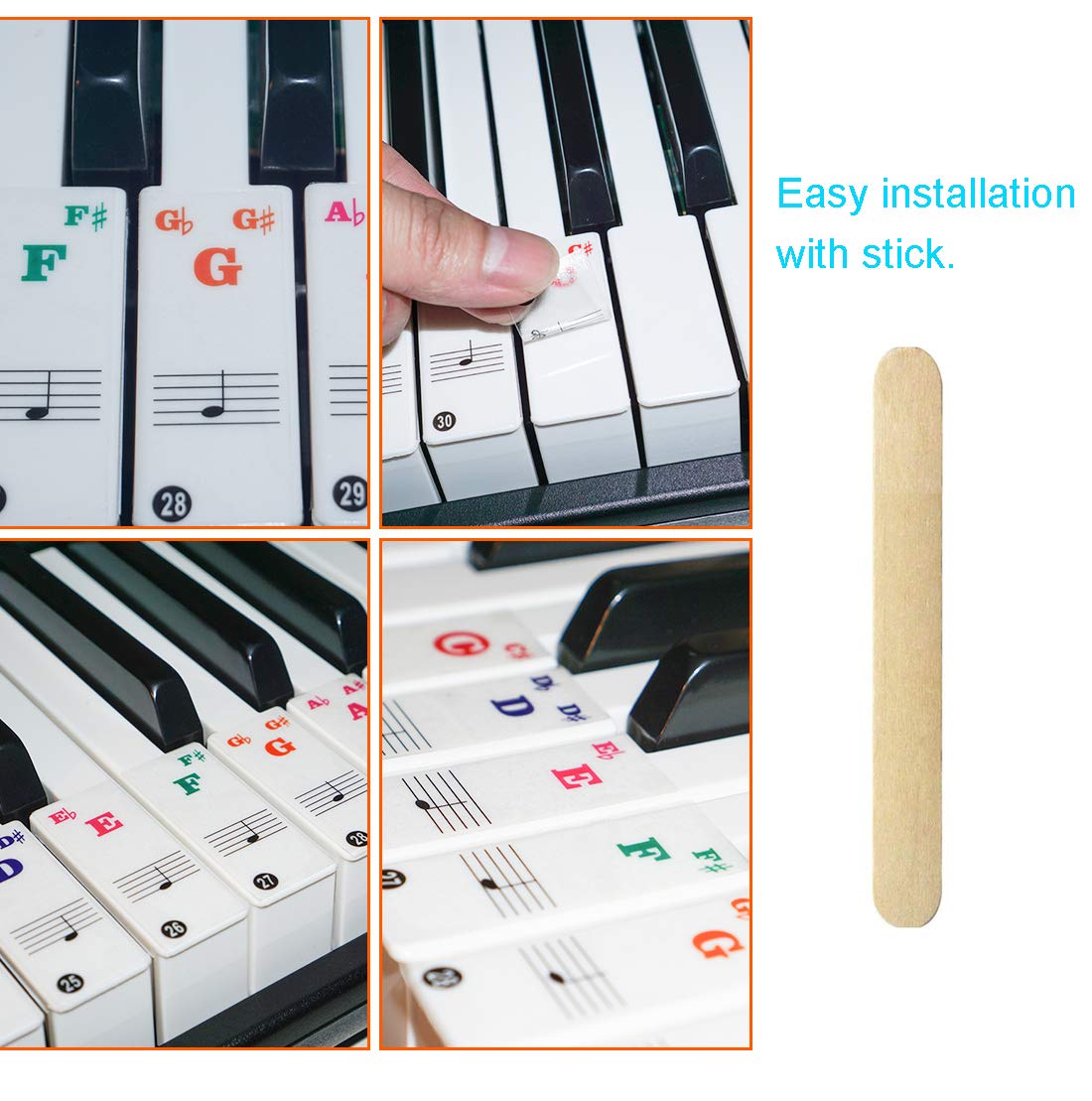 Transparent Removable Piano Keyboard Stickers Thin with Colorful Bigger Letter Used for 88/61/54/49 Keys for Piano Beginner Learning Kids
