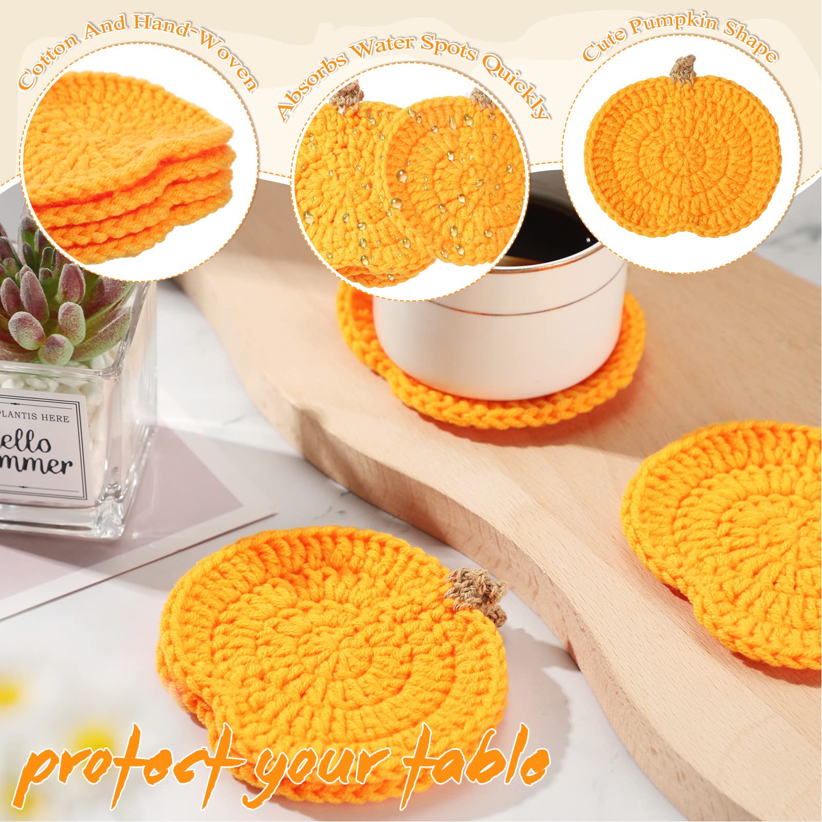 Crochet Pumpkins Coaster Handmade Knitted Drink Coaster Set Autumn Drink Cup Pad Mats Absorbent Bottle Mug Place Mats for Table Protection Fall Halloween Thanksgiving Themed Party Decoration (4 Pcs)