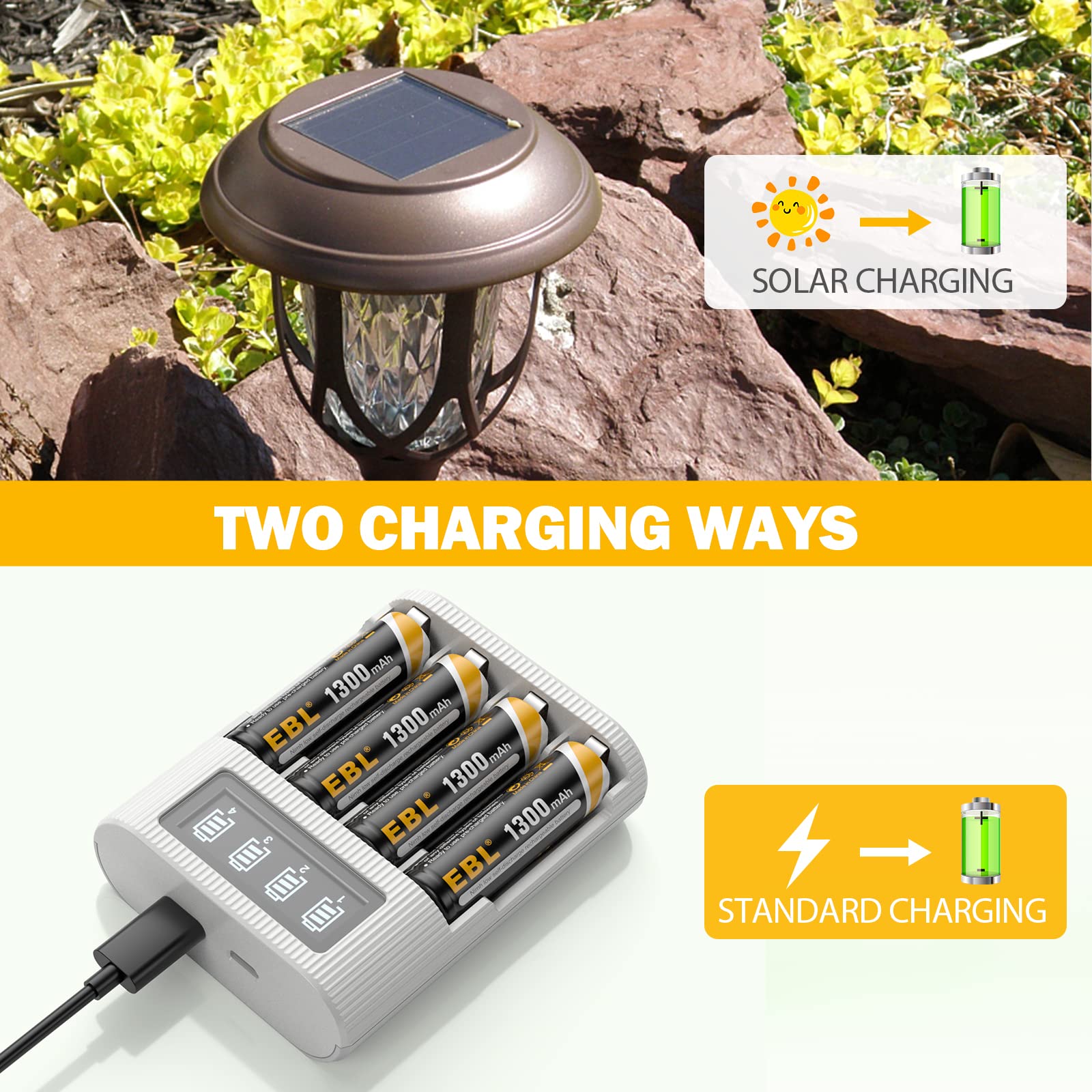 EBL 8Bay Battery Charger with AA Rechargeable Batteries 1.2V 1300mAh NIMH AA Battery and Battery Charger for Solar Lights