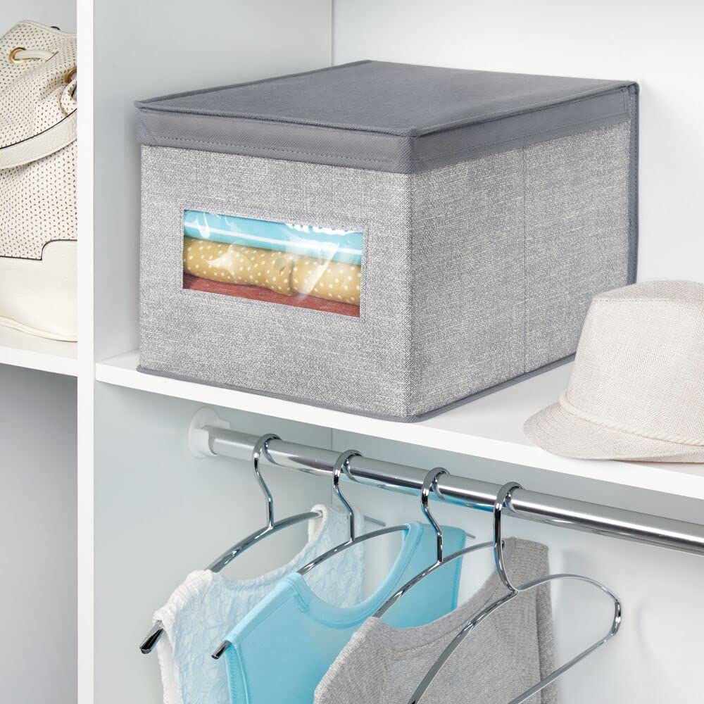 mDesign Large Fabric Stackable Closet Organizer Box with Clear Window/Lid for Bedroom, Office, Bathroom, Mudroom Organization - Shoe, Sweater, Clothes Storage, Lido Collection, 6 Pack, Gray