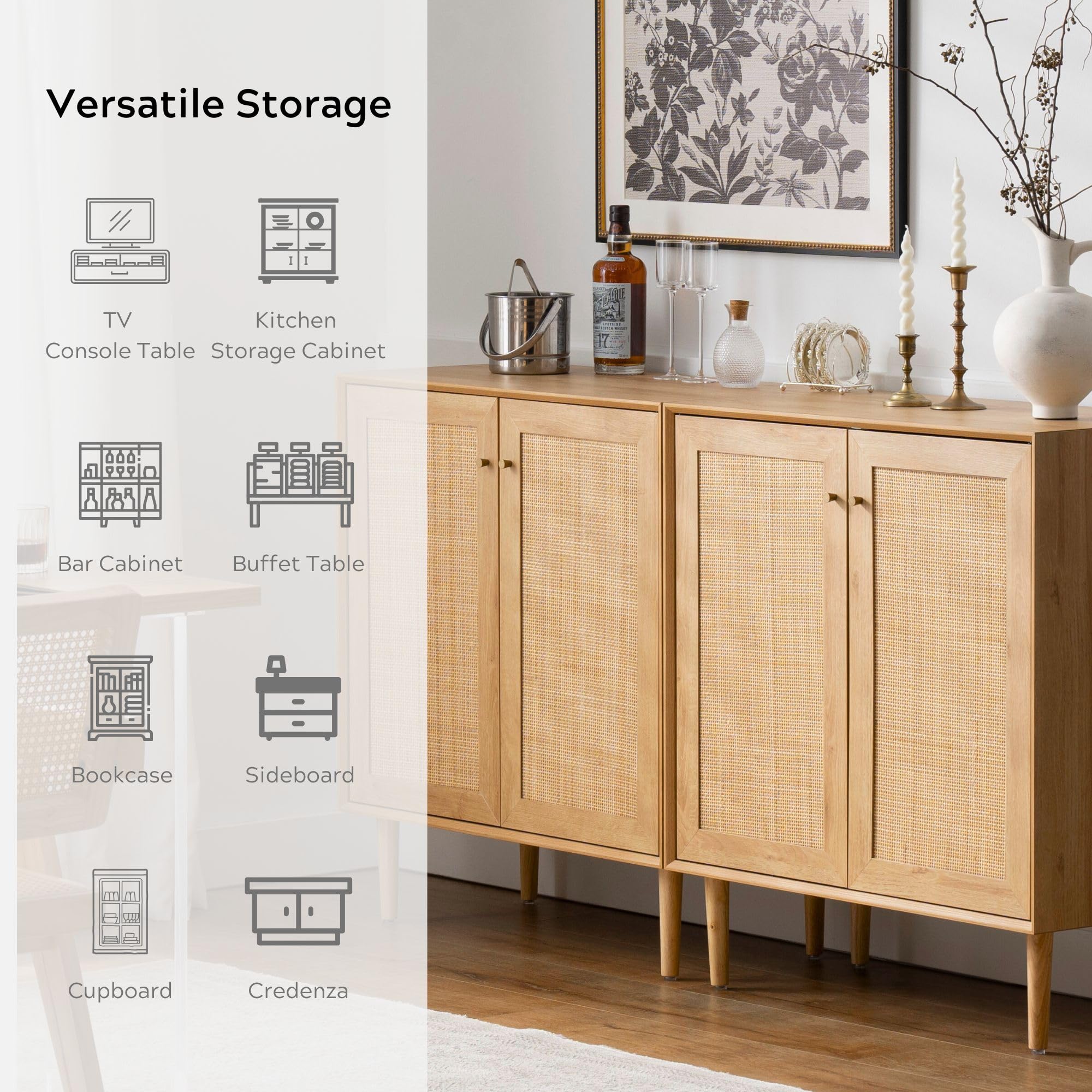 EYYTHUNG Rattan Storage Cabinet Set of 3 Accent Sideboard Cabinet, Boho Buffet Kitchen Bar Cabinet Farmhouse Credenza Cabinet with Adjustable Shelves for Dining Room (Square Doors/Oak)