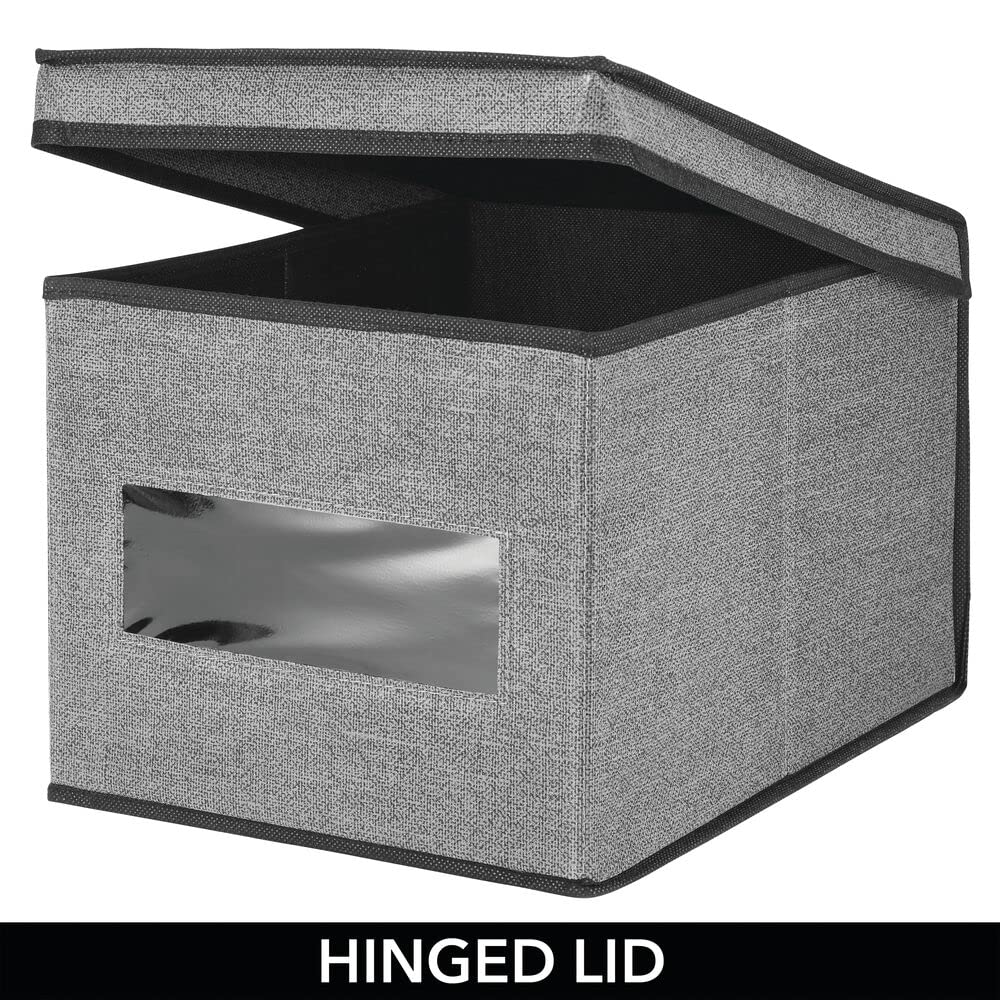mDesign Large Fabric Stackable Closet Organizer Box with Clear Window/Lid for Bedroom, Office, Bathroom, Mudroom Organization - Shoe, Sweater, Clothes Storage, Lido Collection, 2 Pack, Dark Gray/Black