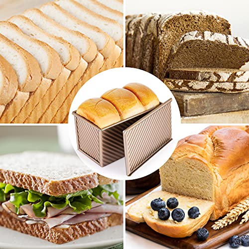 Flexzion Pullman Loaf Pan with Lid Cover (2 Pack) for Baking Oven Sandwich Bread Toast - 1lb Dough Capacity Square Corrugated Cake Mold Non-Stick Carbon Steel Box Bakeware Kitchen Accessories (Gold)