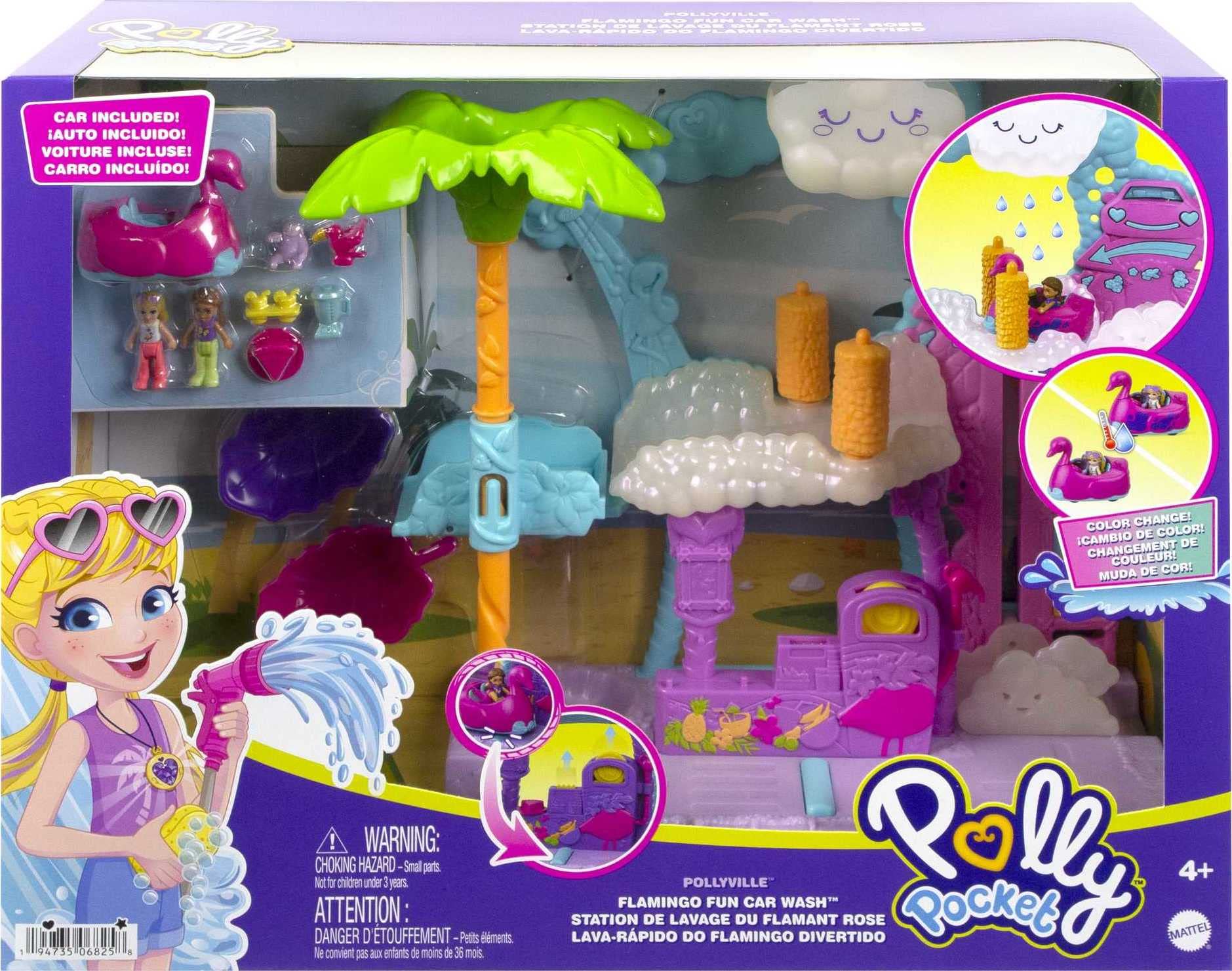 Polly Pocket Playset, Pollyville Flamingo Fun Car Wash with 2 Micro Dolls, Toy Car, Water Play & Color-Change Accessories