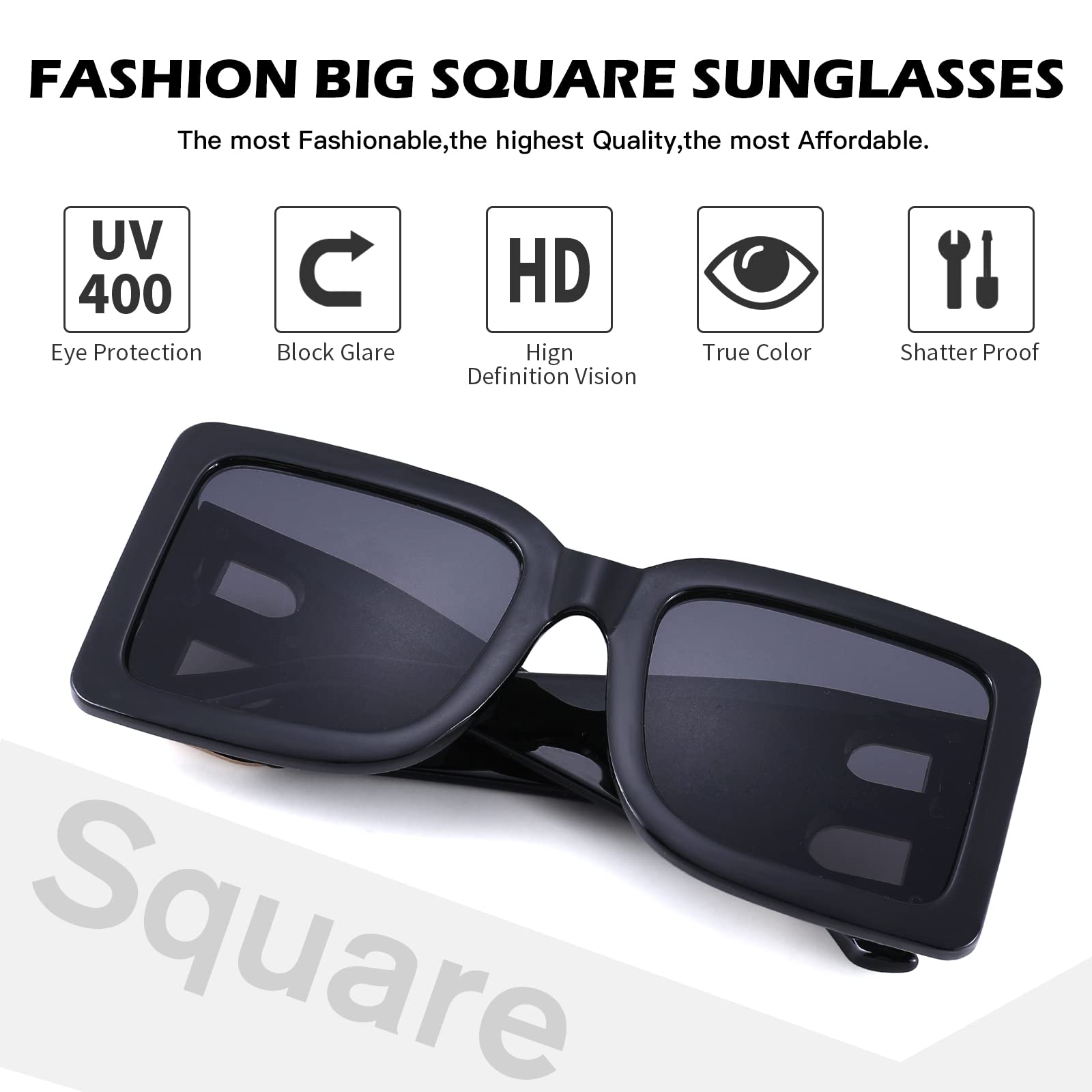 Bouryo Fashion Big Square Sunglasses for Women Men Trendy Black Thick Frame Luxury Designer Oversized Sun Glasses