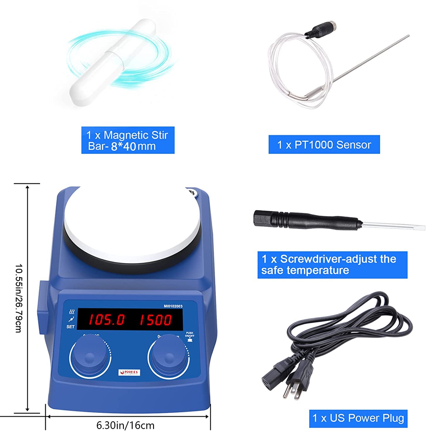 FOUR E'S SCIENTIFIC 5 Inch Magnetic Stirrer Hot Plate Max Temp 280℃/536°F | Max 5L Stirring Capacity | 100-1500RPM | 110V | Laboratory Hot Plate with Temp Probe Sensor & Stir Bar (Not Include Stand)