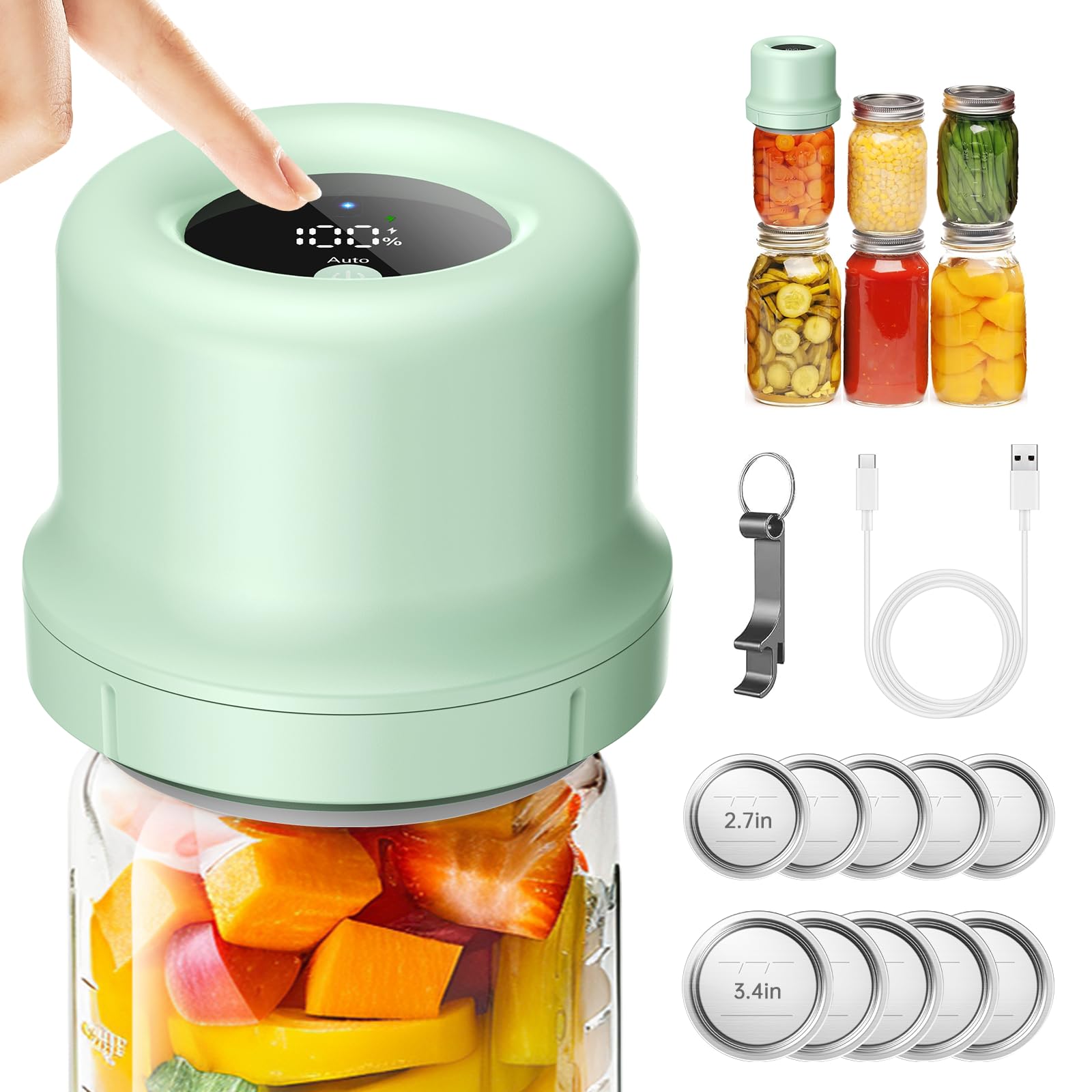Electric Mason Jar Vacuum Sealer, Upgraded Smart Integrated Design Vacuum Sealer Kit, Auto Stop 1800mAh Rechargeable Vacuum Sealer with Regular and Wide Mouth Mason Jar Lids for Food Storage