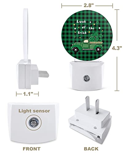Green Truck Buffalo Plaid Night Lights Plug into Wall, St. Patrick's Day Auto Round LED Lights with Dusk to Dawn Sensor for Bedroom, Bathroom, Hallway, Kitchen, Kids, Home Decor