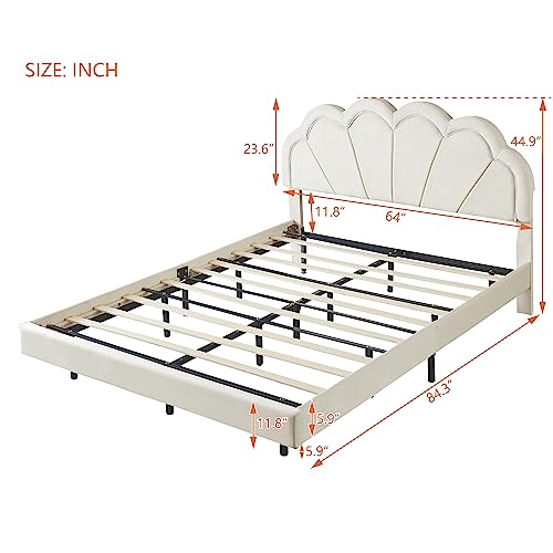 Floating Bed Frame Queen Size with LED Lights, Queen LED Bed Frame with Elegant Flowers Headboard, Smart Velvet Upholstered Platform Bed with Wooden Slats Support, Queen Size, Beige