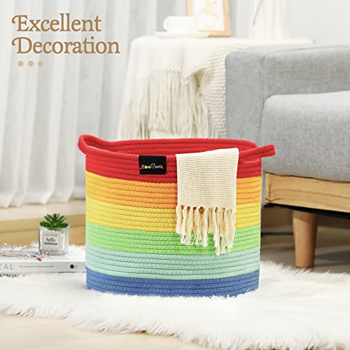 Zooawa Rainbow Storage Cotton Rope Baskets for Baby Room|Rainbow Baskets for Classroom | Baby Laundry Basket for Nursery Storage|Toy Baskets Organizer for Baby Rainbow Nursery Decor,14" x 12"