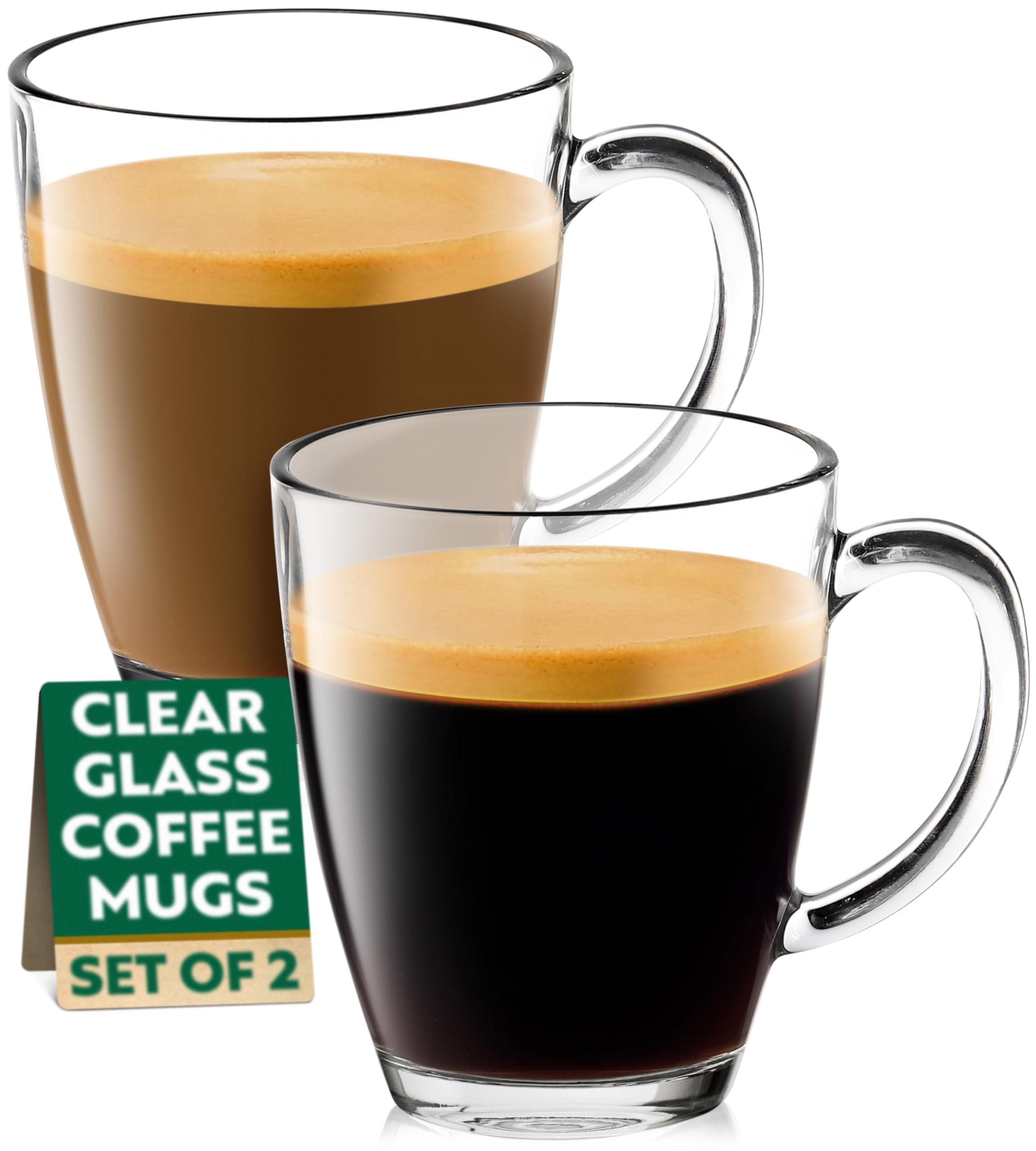 Eparé Clear Glass Coffee Mugs - 12 oz Clear Transparent Tea Cups & Coffee Glasses - Clear Coffee Mugs Set of 2 - Cappuccino Glass Mugs & Cup For Hot Beverages With Handle