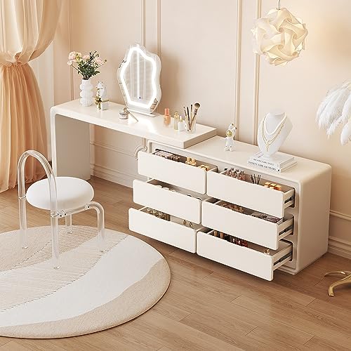 HOTICKME White Makeup Vanity Set, Modern Makeup Vanity with LED Mirror, Vanity Desk with Chair & Drawers & Cabinet, Dressing Table for Girls, Bedroom Dresser