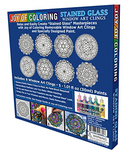 ZORBITZ Joy of Coloring Stained Glass Window Art Clings DIY Kit,8 Clings& 5 Paints,4 Gorgeous,Intricate Mandala Designs,Designed Paint,Removable Clings, Sticks to Any Glass Surface,13 Piece Set,(2680)