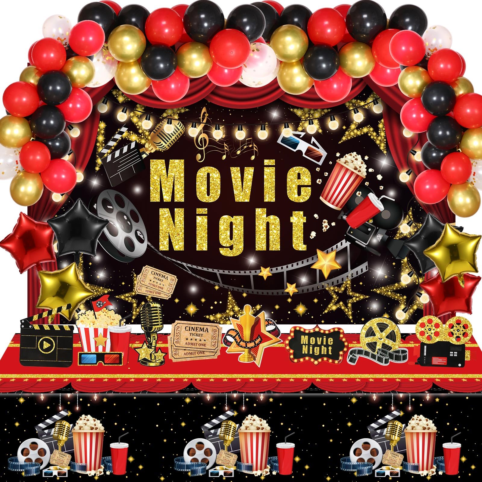Buryeah 99 Pcs Movie Night Party Decorations Kit Include Movie Themed Table Cover Movie Night Photo Backdrop Film Cutouts and Colorful Balloons for Graduation Birthday Red Carpet Party Supplies
