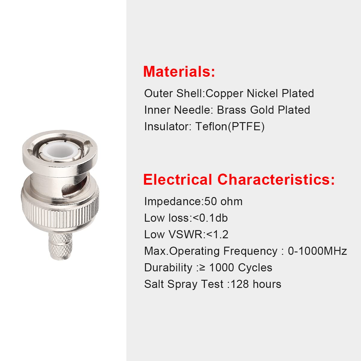 MOOKEERF 10 Pack 50 Ohm BNC Male Crimp Connector,BNC/Q9 Connector for RG58/RG142/RG400/LMR195/KSR195/3D-FB Cable