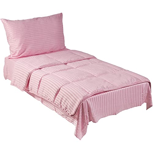 ZPECC Toddler Bedding Set - 4 Piece Soft Baby Crib Bedding Set for Girls, Includes Toddler Comforter, Flat Sheet, Fitted Sheet and Pillowcase, Pink Stripe