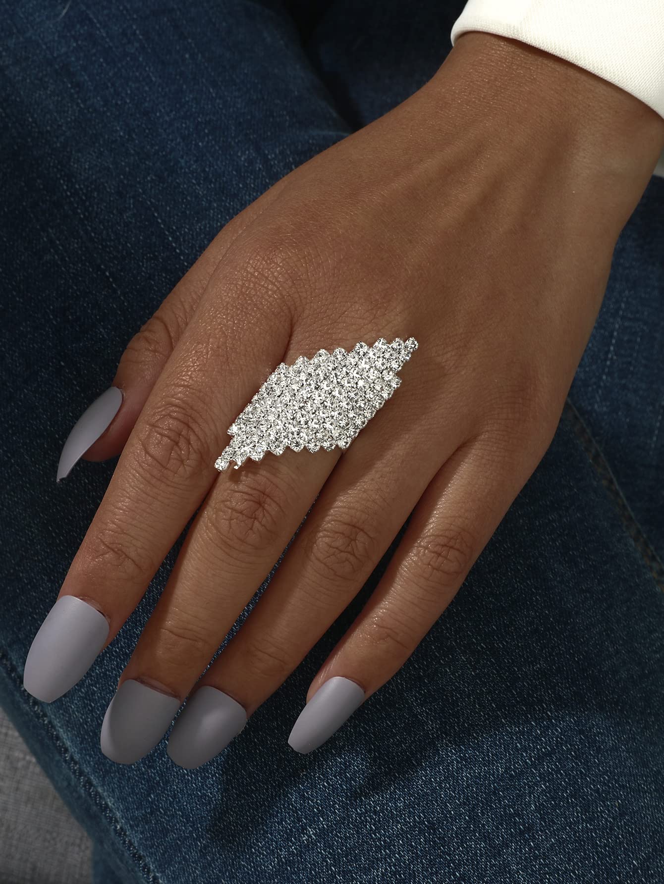Dainty Rhinestone Crystal Ring Geometric Index Finger Ring Rectangle Rhombus Heart Shaped Ring Sparkling Statement Jewelry-Rhombus, Silver