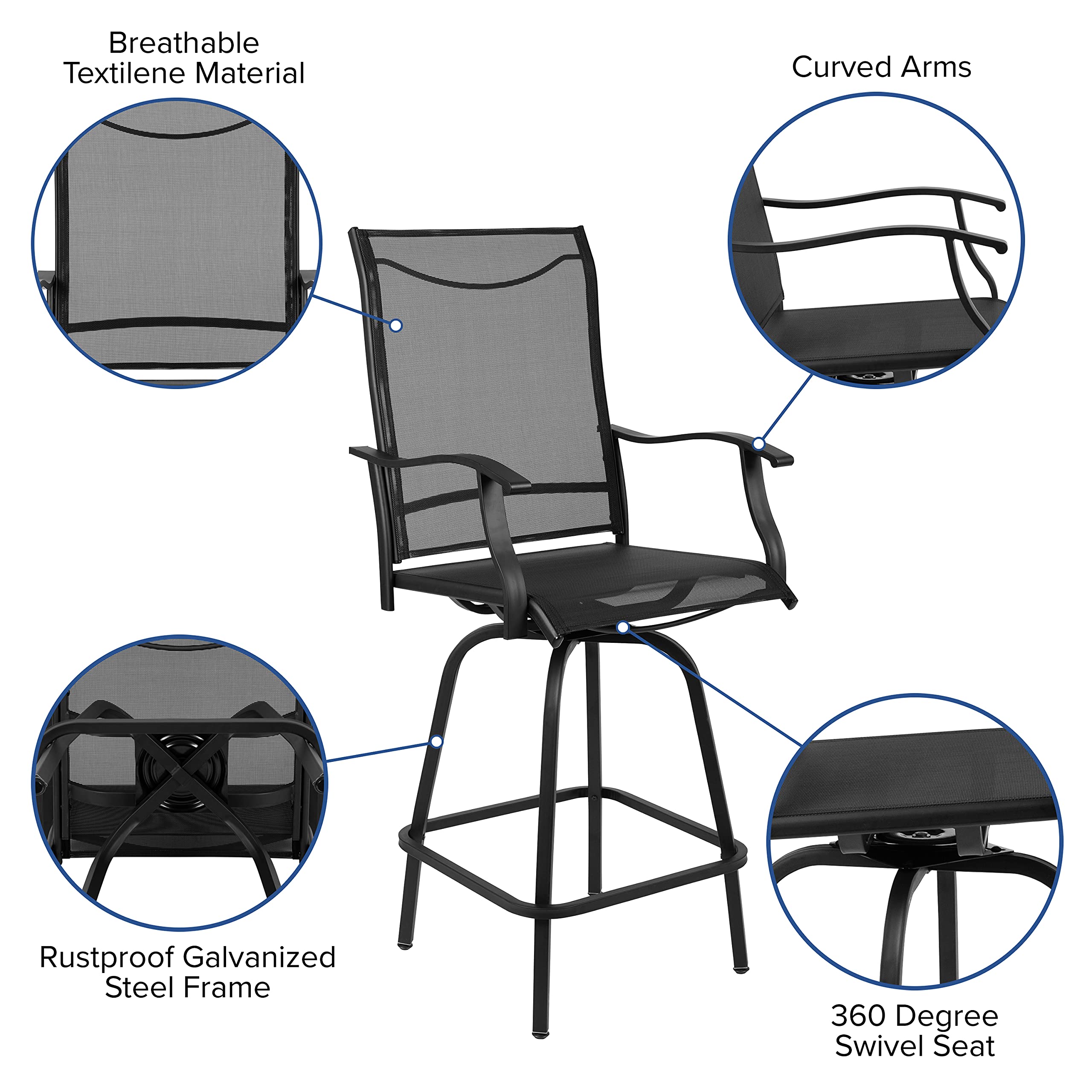 Flash Furniture Valerie Patio Bar Height Stools Set of 2, All-Weather Textilene Swivel Patio Stools with High Back & Armrests in Black