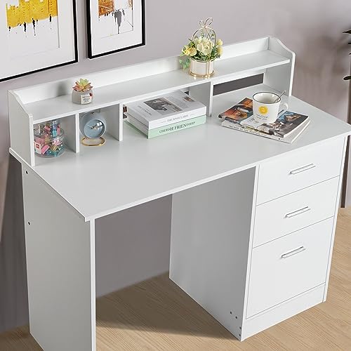 Karl home White Computer Desk with Drawers & Hutch, Modern Home Office Desks with Storage for Kids Students Teens, Small Wood Table for Work Study Gaming Writing, PC Laptop Workstation