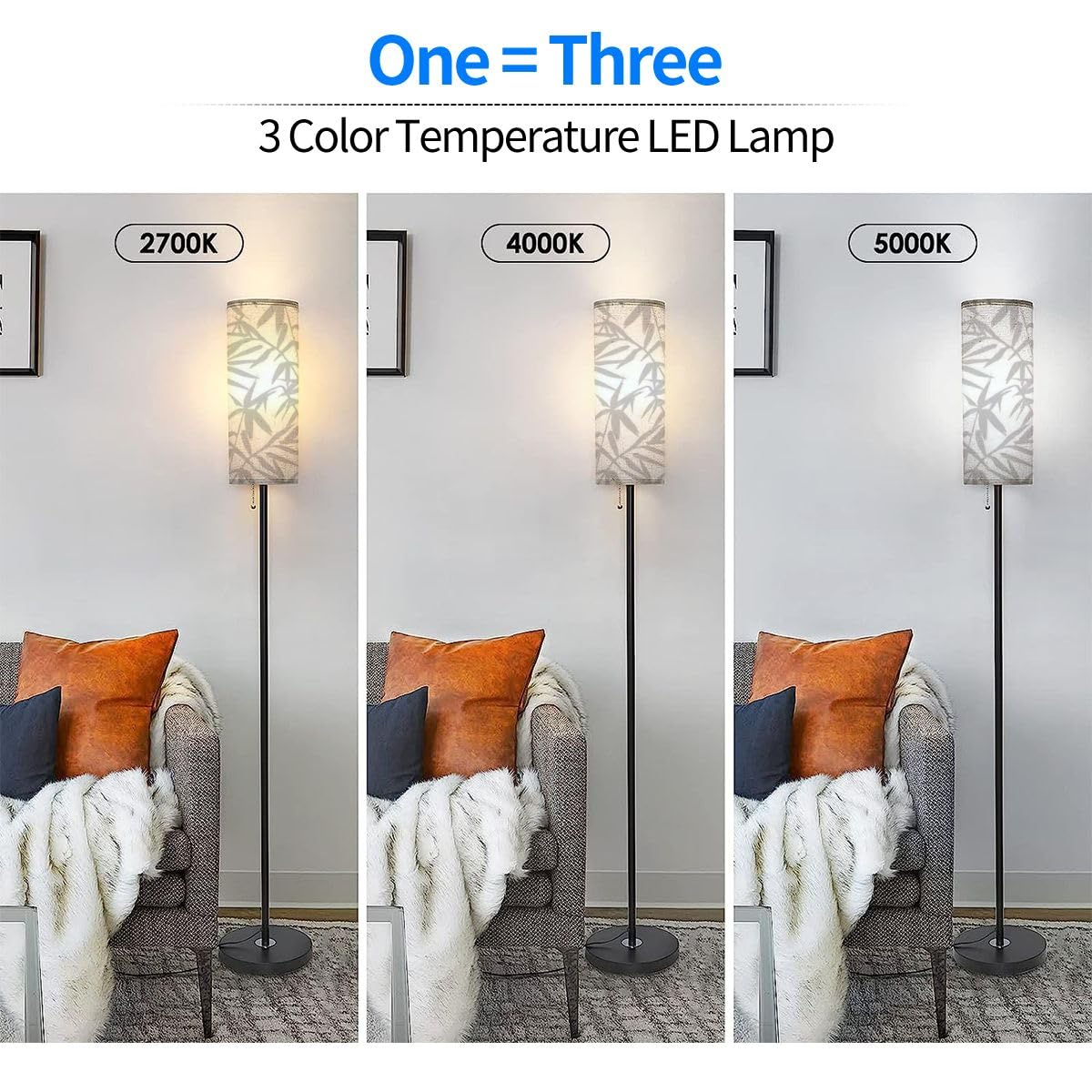 Boho Standing Lamps Bamboo tree silhouette pattern white japanese style black Minimalist Floor Lamp Metal Pole Lamp with Linen Lampshade for Bedroom Living Room Office Nursery Reading Foot Switch