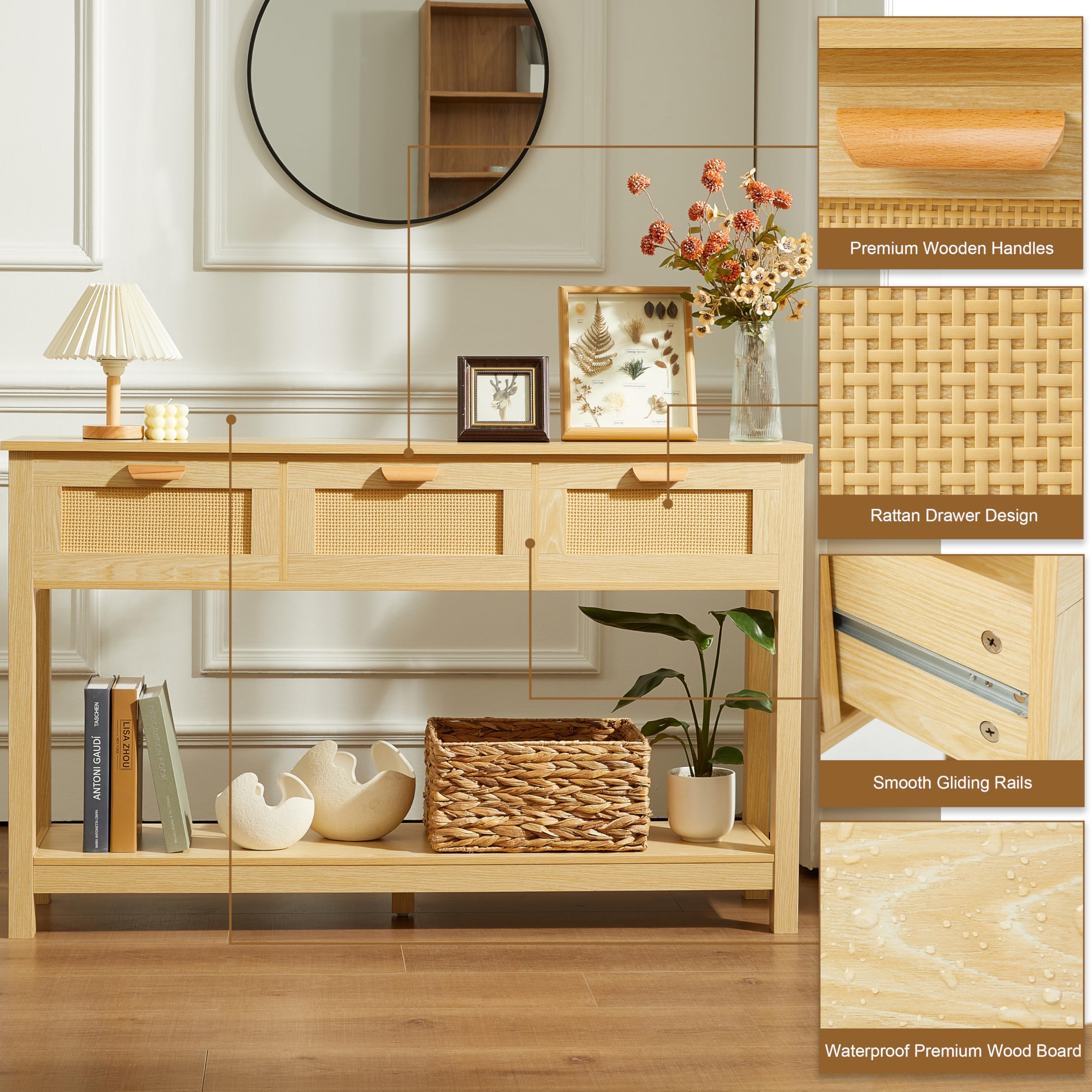 Chilihom Rattan Console Table with 3 Drawers, Boho Entryway Table with Storage, Narrow Long Sofa Table with Open Shelf, Foyer Table Hallway Table Behind Couch Table for Living Room, Natural Wood