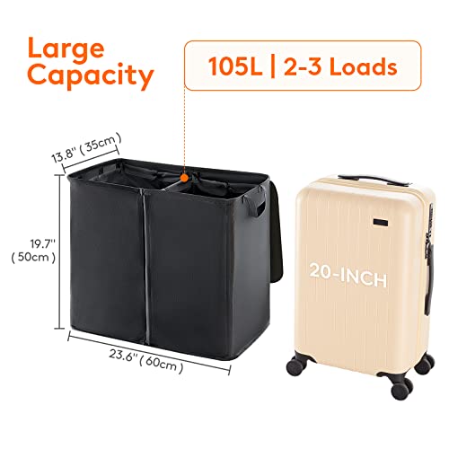 Lifewit 105L Double Laundry Hamper with Lid and Removable Laundry Bags, Divided Laundry Basket with Handles, Large Separated Clothes Basket for Bedroom, Bathroom, College Dorm, Laundry Sorting, Black