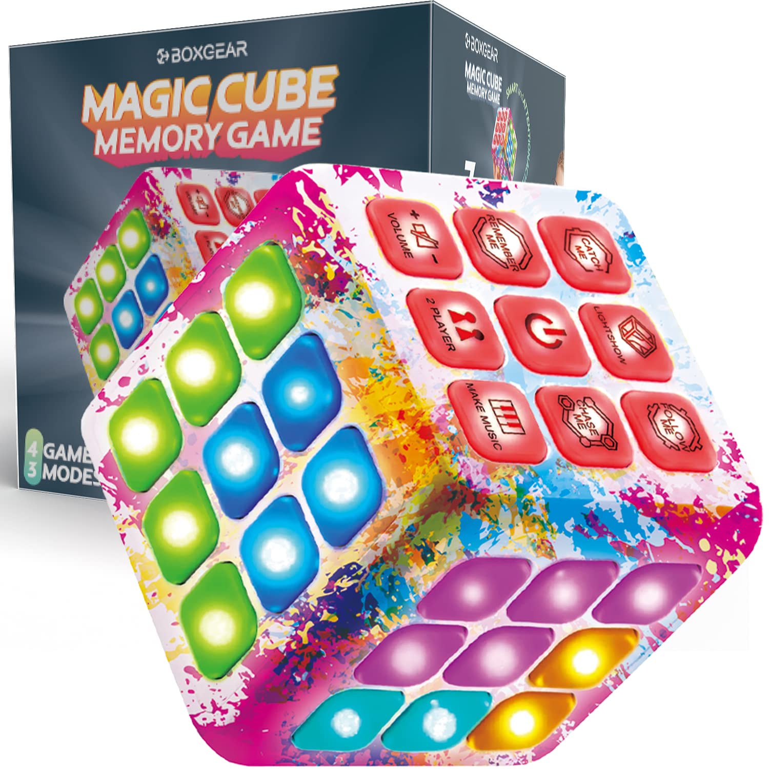 Boxgear Flashing Cube Memory Game – LED Flashing Puzzle Cube for Adults and Children – Sensory Fidget Cube with 5 Brain Games – Light Up Handheld Cube Fidget Toy for Stress Relief and Stimulation