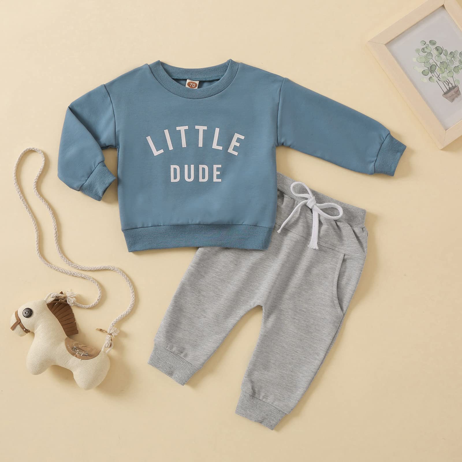 Fepege Toddler Baby Boy 2Pcs Outfits Long Sleeve Letter Print Sweatshirt Pullover Long Drawstring Trousers Fall Winter Clothes Set (Blue, 0-6 Months)