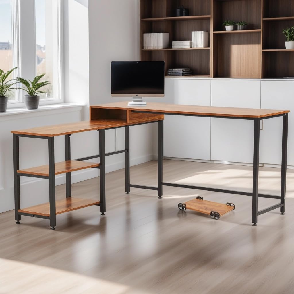 Generic L Shaped Gaming Desk with Earphone Hook, 50 Inch Computer Desk with Storage Shelf, Corner Desk for Small Space, Space-Saving Wooden Office Desk Workstation, Brown